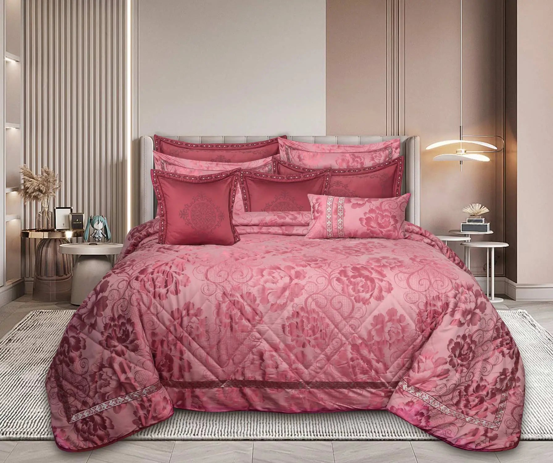 Aurora Red Jacquard Bridal Bedspread – 10-Piece Luxury Bedding Set ...